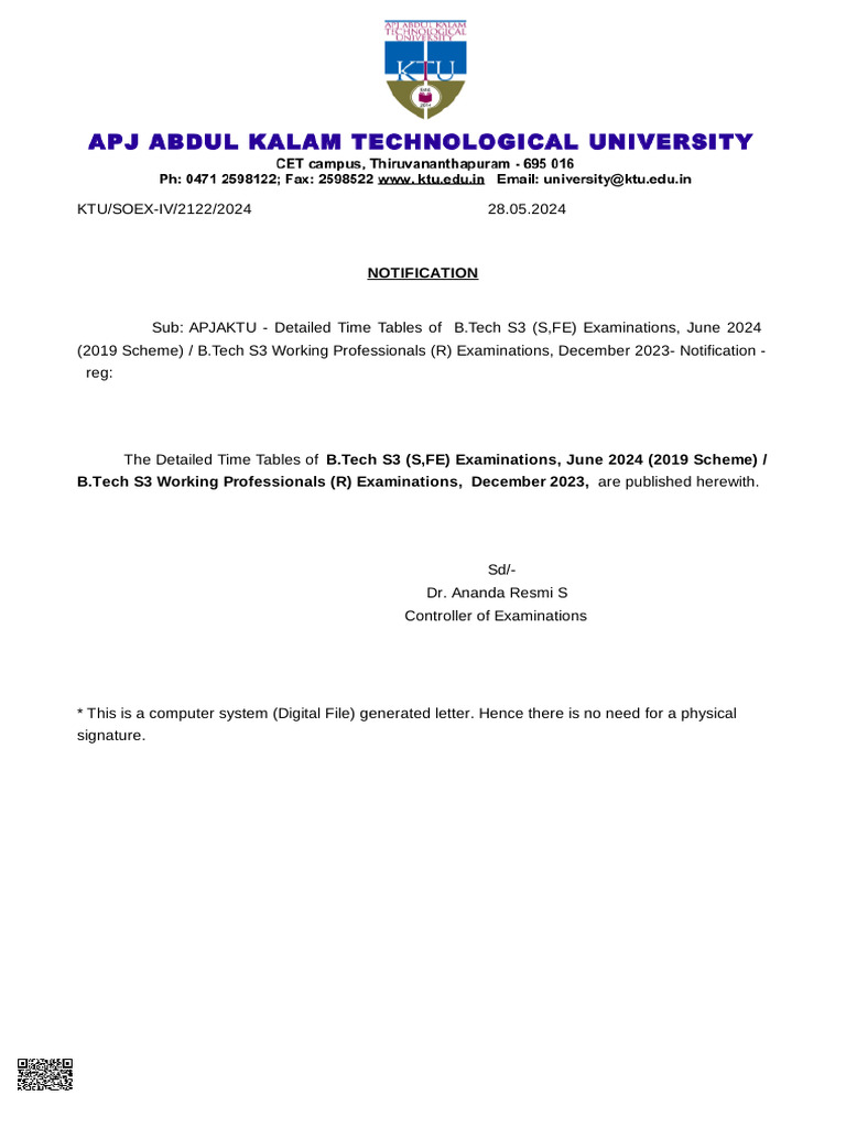B.tech S3 (S, FE) June 2024 2019 Sche Time Table | PDF | Electronics ...