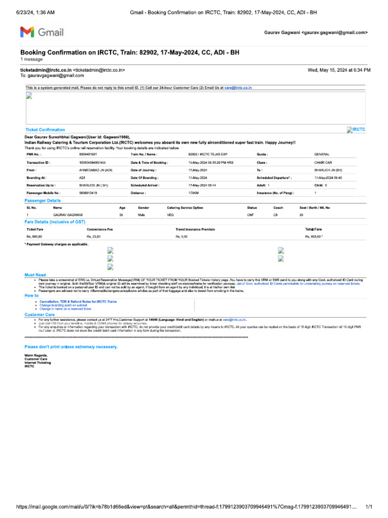 Ticket Ahmedabad To Bharuch | PDF