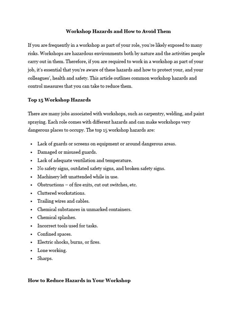 Workshop Hazards and How To Avoid Them | PDF | Personal Protective ...