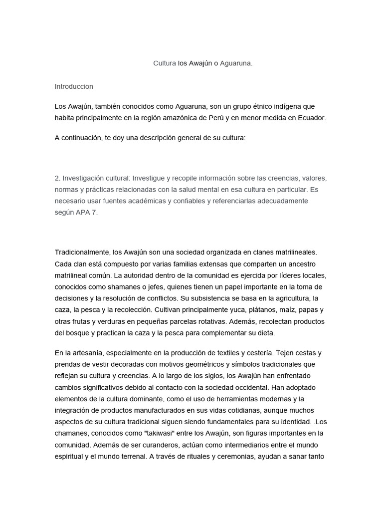 Cultura Los Awajún o Aguaruna | PDF | Salud mental | Chamanismo
