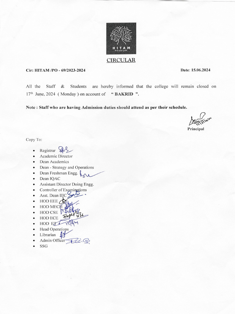 Circular - Holiday (Bakrid) | PDF