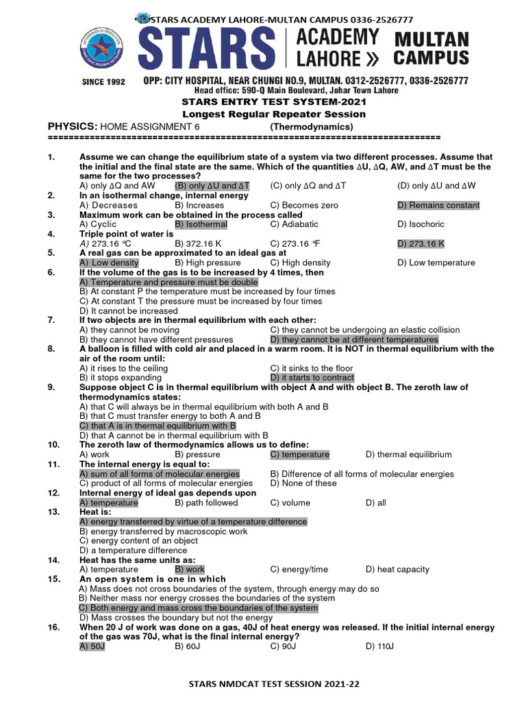 Assignment 6 Thermodynamics 2022 | PDF | Temperature | Heat