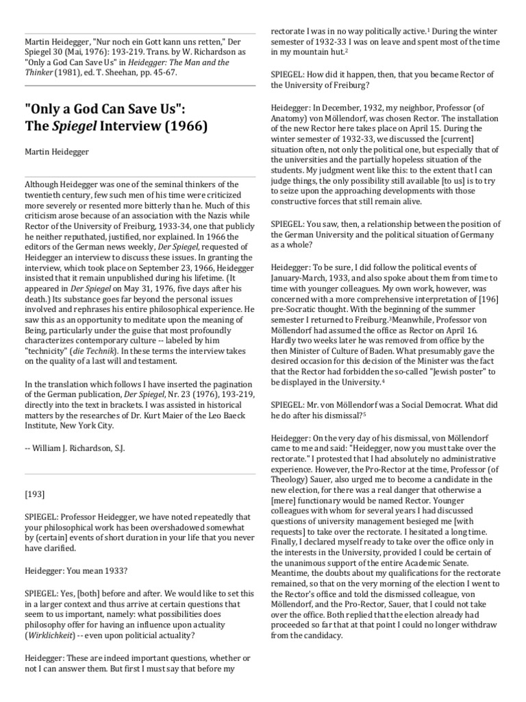 Heidegger, M. (2017) "Only A God Can Save Us" - The Spiegel Interview ...