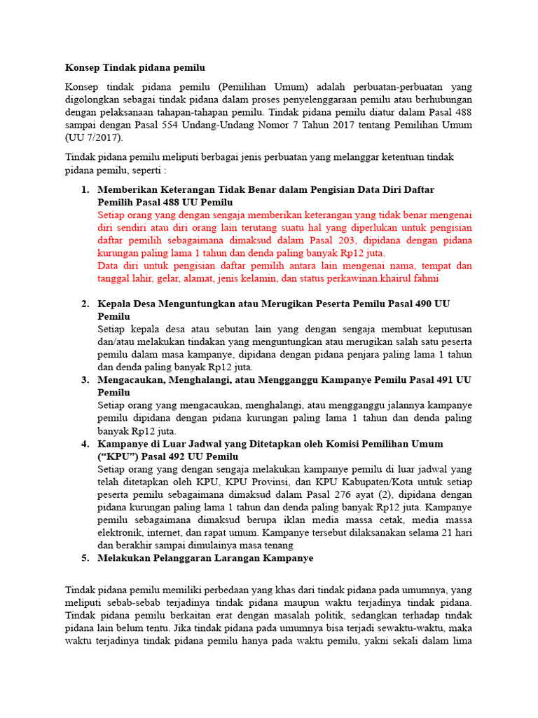 Konsep Tindak Pidana Pemilu | PDF