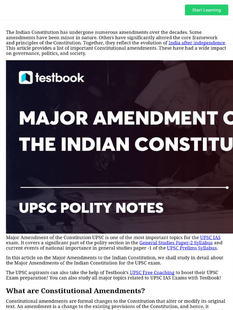 Major Amendment of The Constitution UPSC Notes PDF Download | PDF