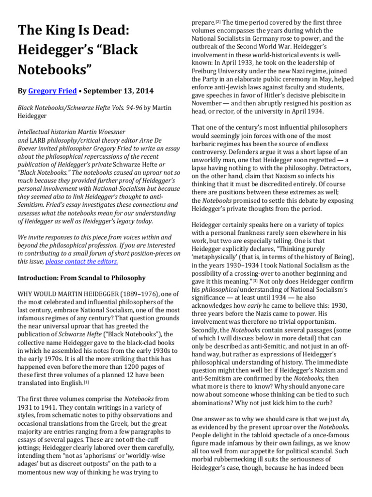 Fried, G. (2014) (Rev) The King Is Dead - Heidegger's "Black Notebooks ...