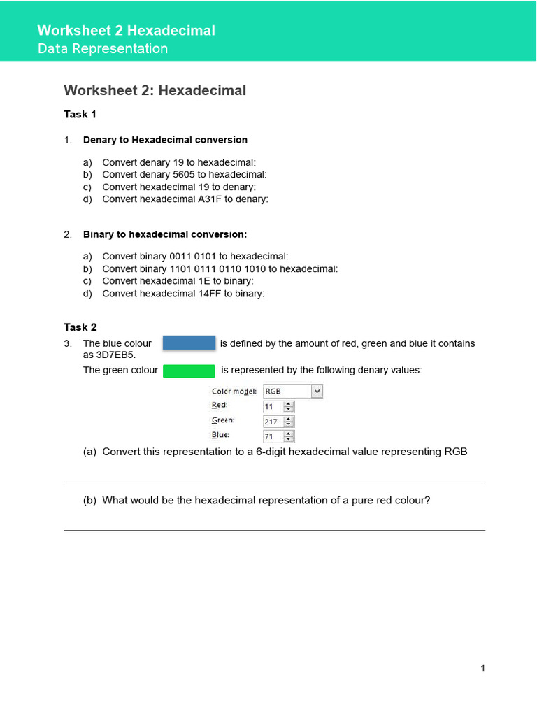 Lesson 1.1.2 Resource - Worksheet 2 Hexadecimal | PDF | Computer Data ...