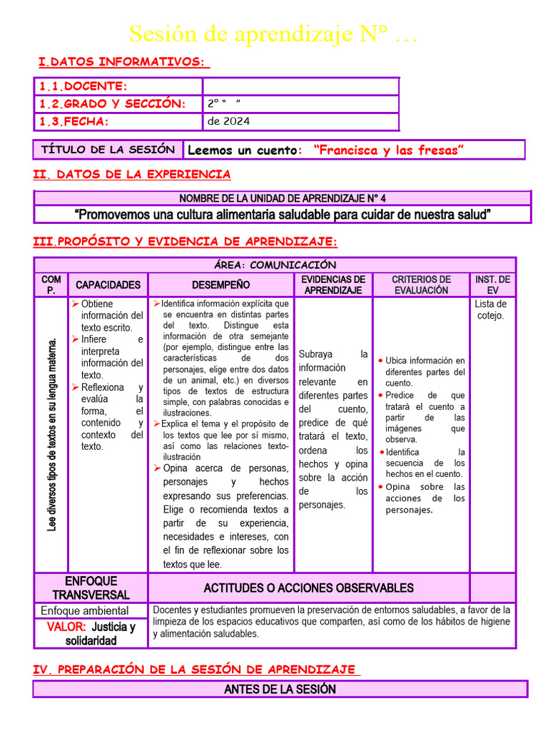 Sesión Leemos Juntos Un Cuento Francisca y Las Fresas Maestra Janet | PDF | Aprendizaje