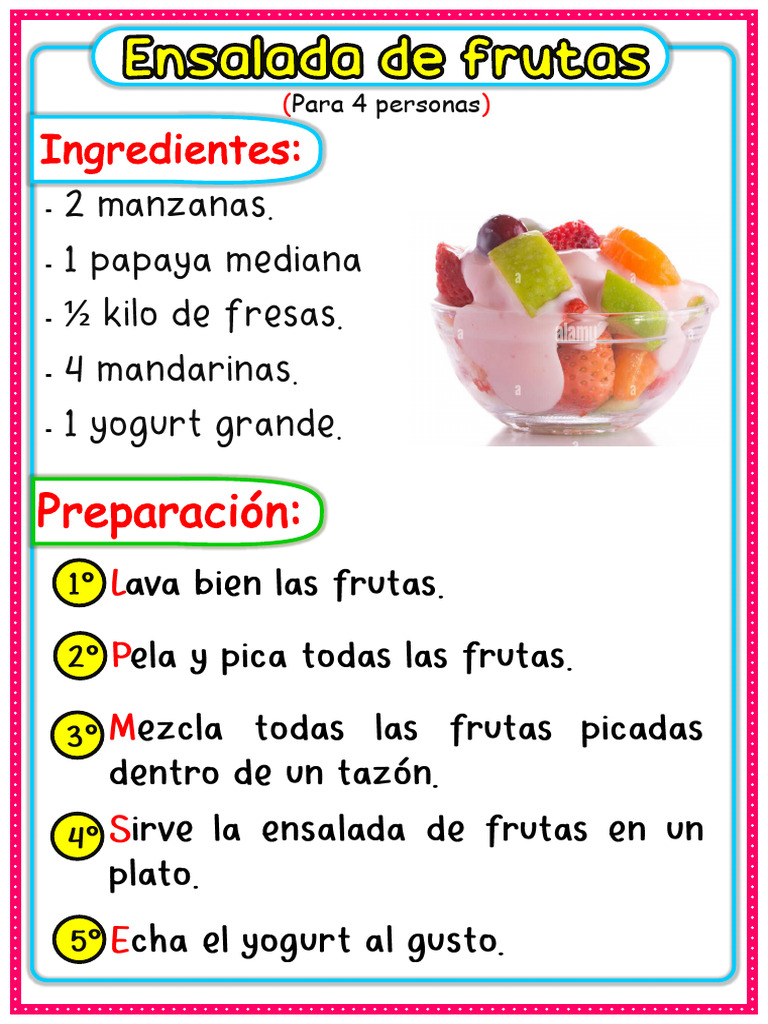 Ficha Leemos Receta Ensalada de Frutas Maestra Janet | PDF | ensalada ...
