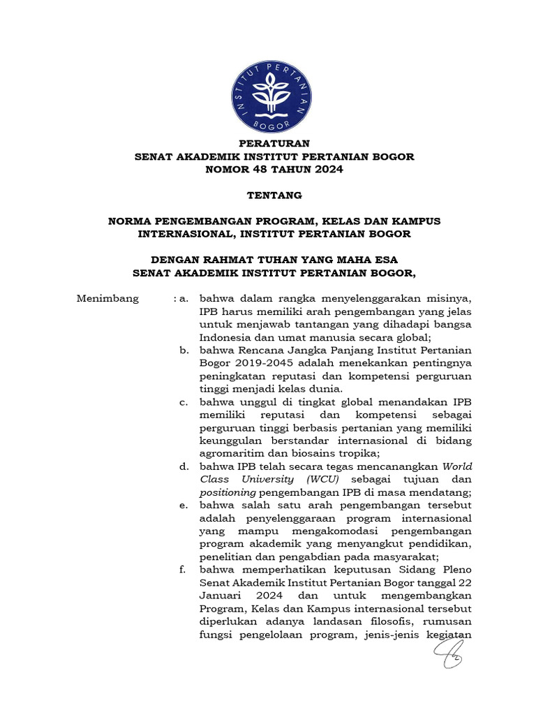 Peraturan SA No. 48 Tahun 2024 (Norma Pengembangan Program, Kelas, dan Kampus Internasional IPB ...