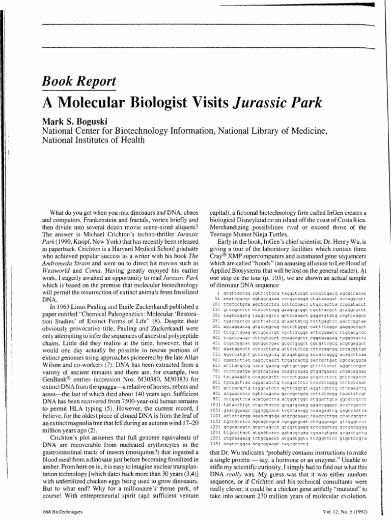 A Molecular Biologists Visits Jurassic Park | PDF