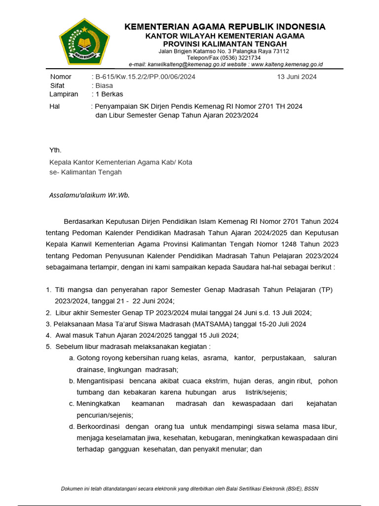 Penyampaian SK Dirjen Pendis Kemenag RI No 2701 TH 2024 Dan Libur Semester Genap TA 2024-2024 | PDF