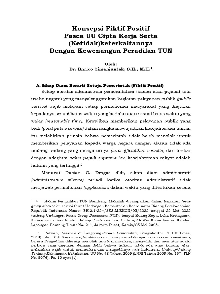 Makalah Kemenkoekonomi 25 Mei 2023-Konsepsi Fiktif Positif Pasca UU Cipta Kerja Serta Ketidak ...