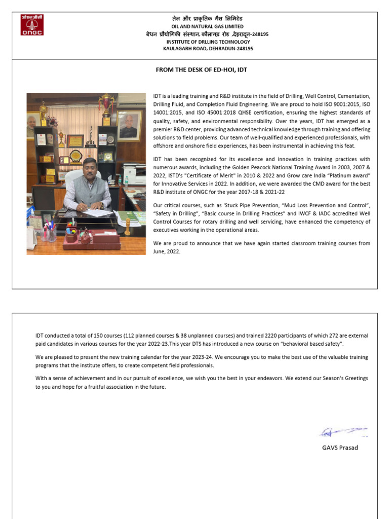 IDT Training Calendar - 2023-24 | PDF | Oil Well | Casing (Borehole)