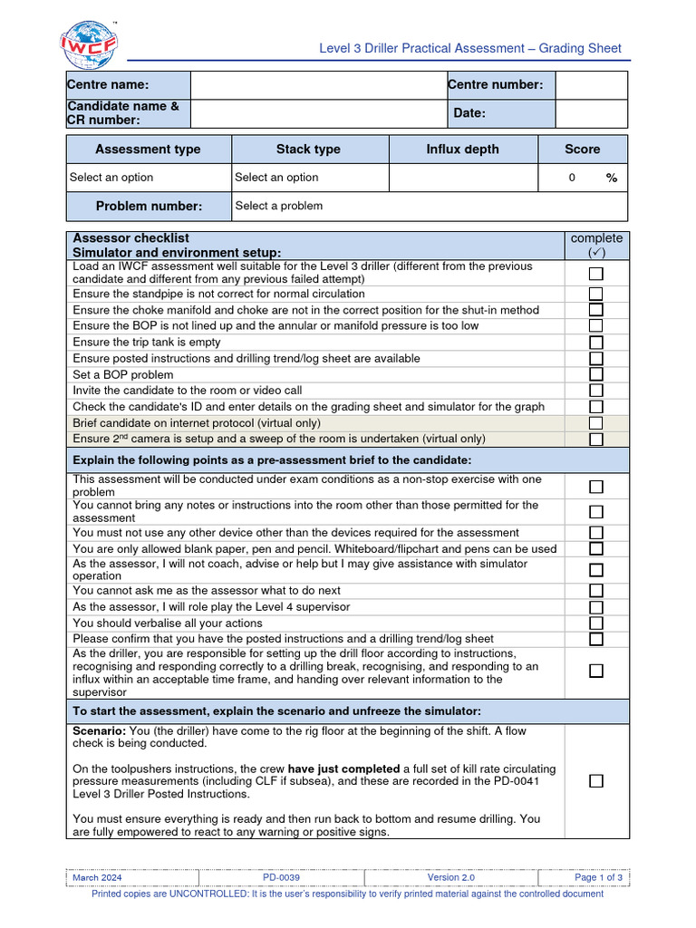 PD-0039 Level 3 Driller Practical Assessment - Grading Sheet | PDF ...