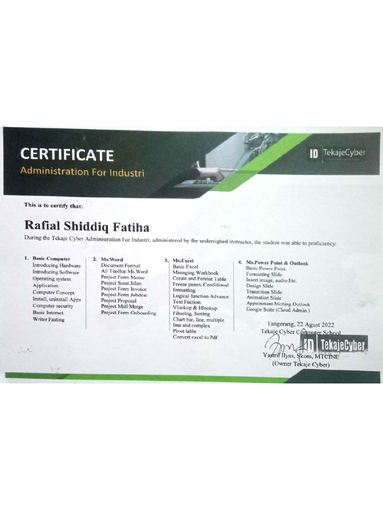 Sertifikat Admin For Industry | PDF