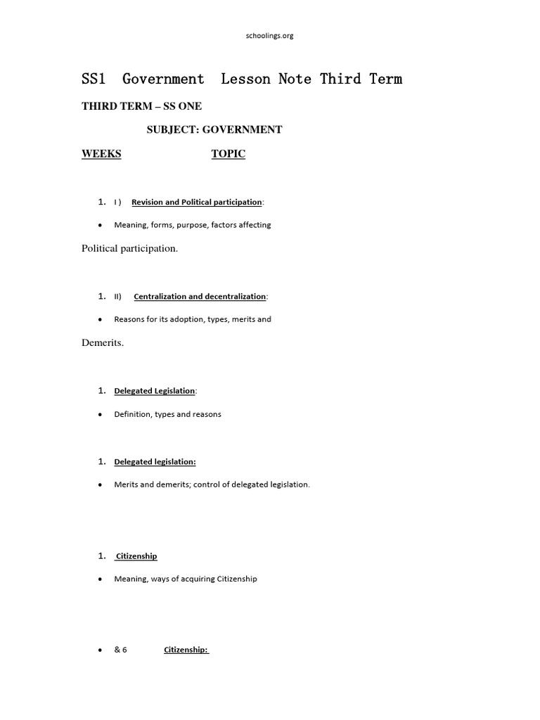 SS1 Government Lesson Note Third Term | PDF | Citizenship | Federalism
