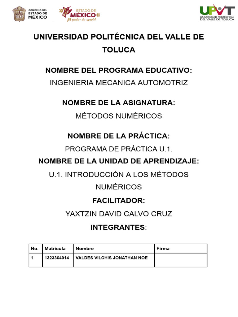 PRACTICA U.1 - METODOS NUMERICOS - VALDES VILCHIS JONATHAN NOE-1323364014 | Descargar gratis PDF ...
