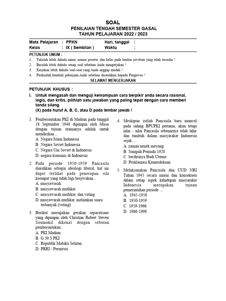Soal PTS 1 PPKN Kelas IX K13 | PDF