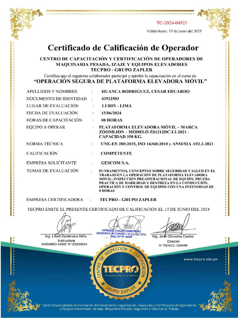 Certificado Cesar - Operador de Elevador | PDF