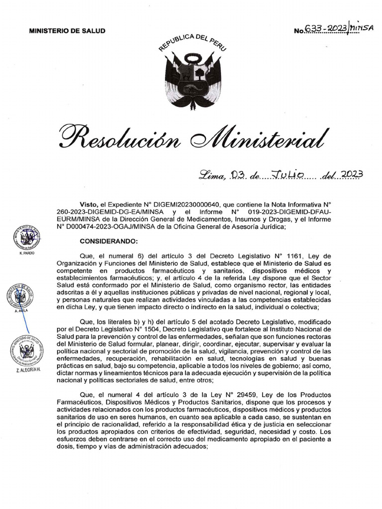 RM #633-2023 Minsa - Pnume | PDF | Farmacéutico | Dispositivo médico