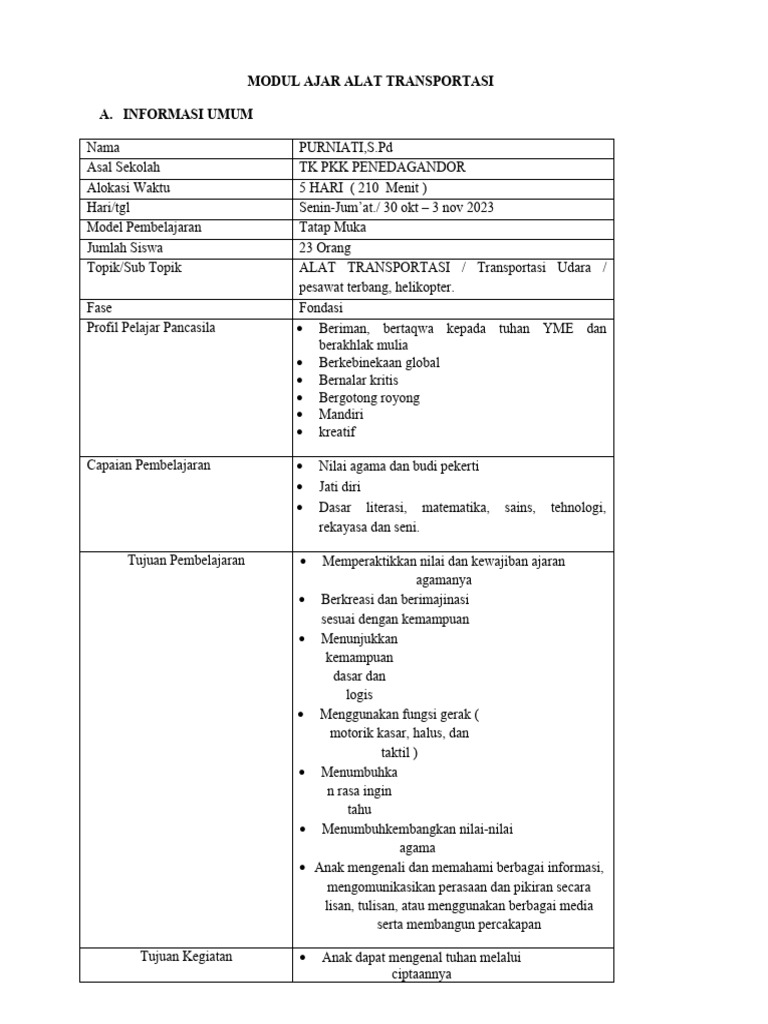 MODUL AJAR ALAT TRANSPORTASI | PDF