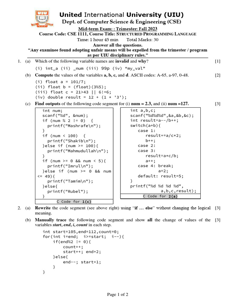Cse1111 Mid 233 Pdf Control Flow Computer Engineering