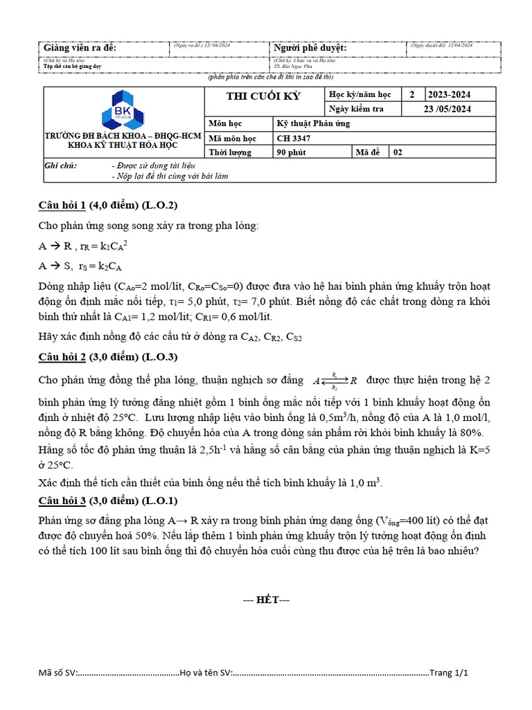 De Va Dap An - Final Exam Chem Eng 2024 - HK2 - 02 - Vie | PDF