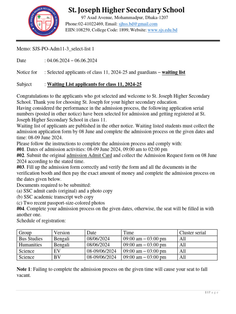 Selected applicants of class 11, 2024-25 and guardians – waiting list | PDF