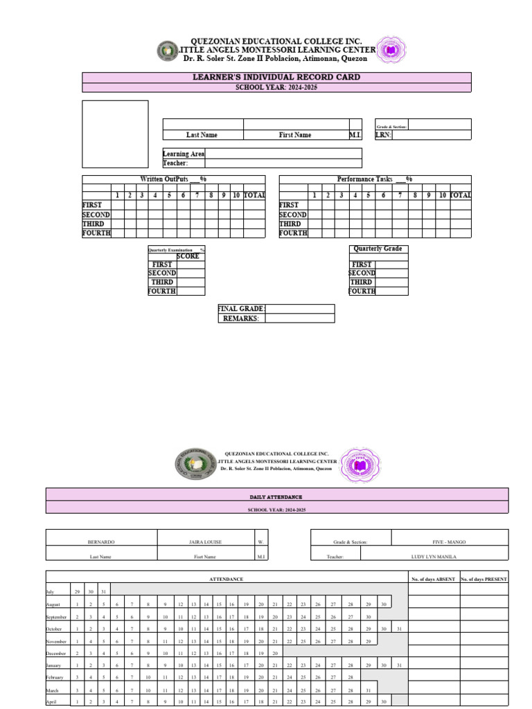 Learners Individual Record and Attendance S.Y. 2024 2025 | PDF ...