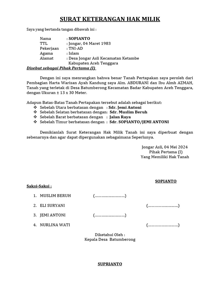 Surat Keterangan Hak Milik | PDF