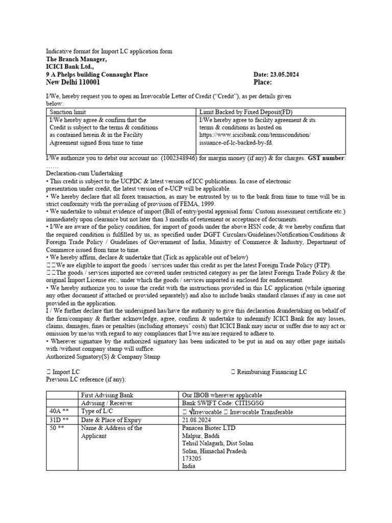 ICICI Bank - LC Application Form | PDF | Banks | Bankruptcy