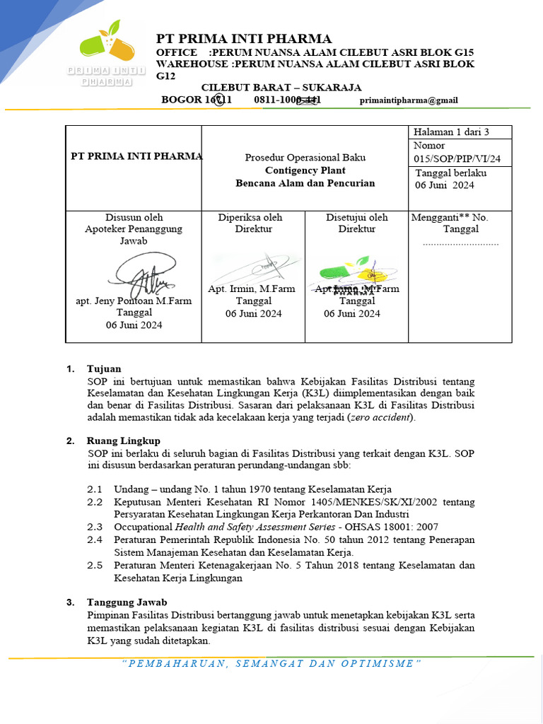 015 SOP Contigency Plant Bencana Alam, K3 Dan Pencurian | PDF | Sains & Matematika