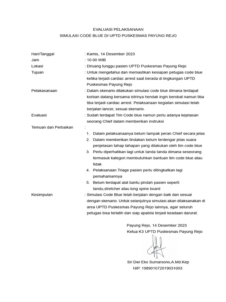 EVALUASI PELAKSANAAN Code Blue | PDF | Komputer