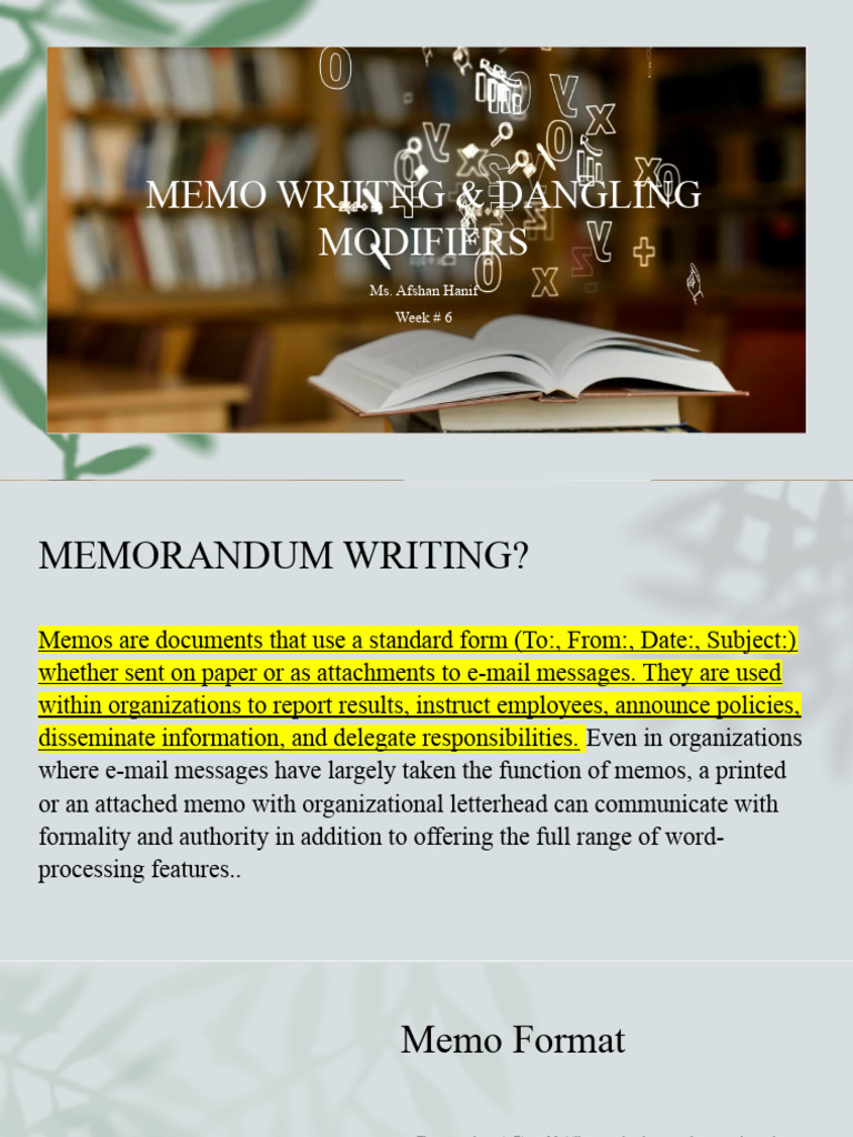 Memo Writing Dangling Modifiers | PDF | Adverb | Memorandum