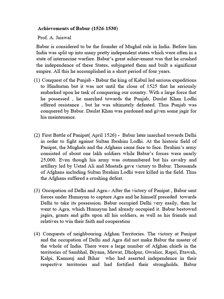ACHIEVEMENTS OF BABUR | PDF | South Asia