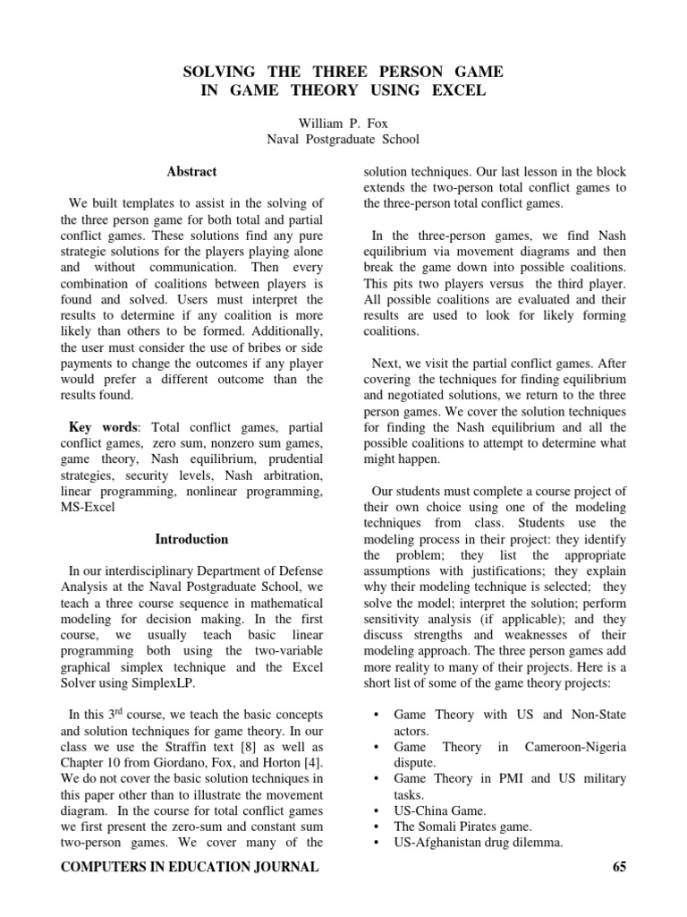2015 - Fox - Solving the Three Person Game in Game Theory Using Excel | Download Free PDF | Game ...