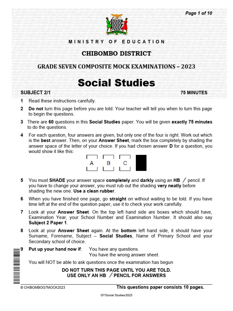 Grade 7 Social Studies Mock Exam 2023 | PDF | Social Science