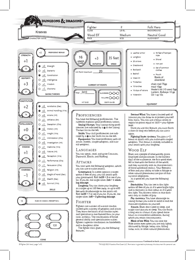 Wood Elf Fighter Character Sheet | PDF | Elf (Dungeons & Dragons) | Hero