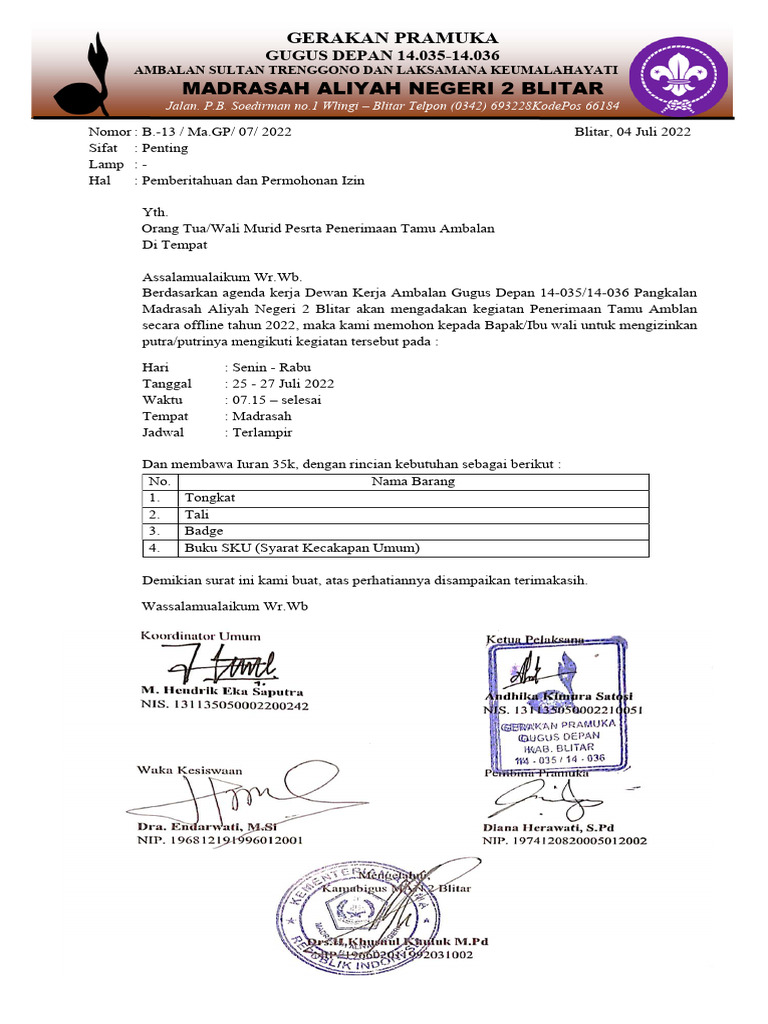 Surat Izin Peserta Pta 2022 | PDF