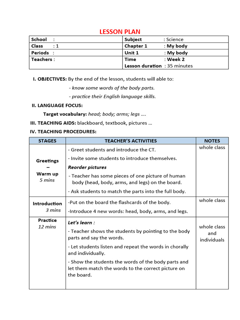 Science Lesson Plan: My Body for Grade 1 | PDF | Lesson Plan | Teachers