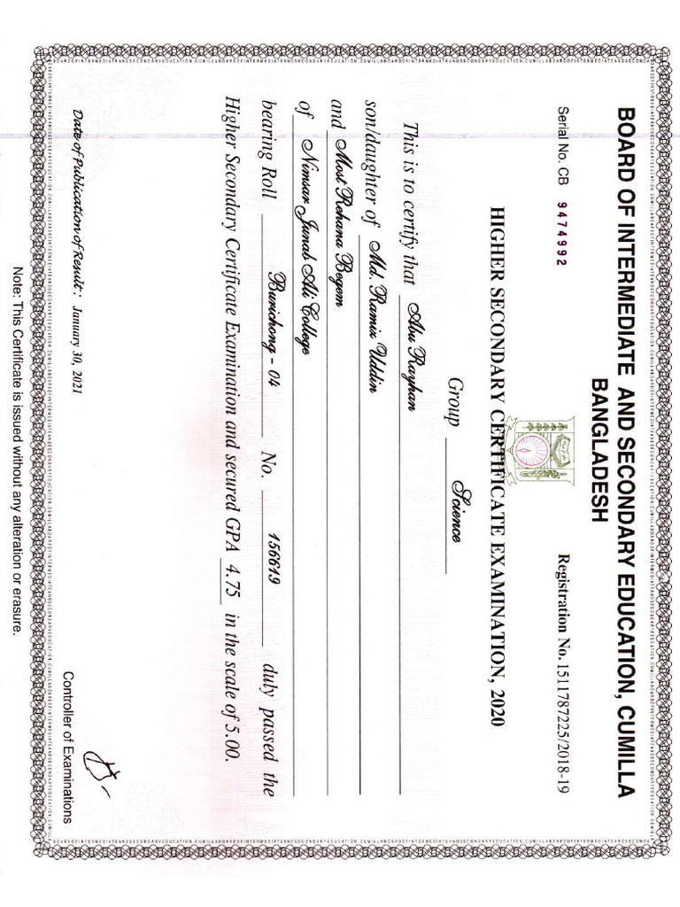 HSC Certificate 2021 | PDF