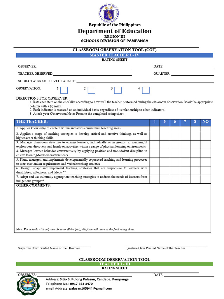 Classroom Observation Tool - Cot - Forms | PDF | Learning | Teachers