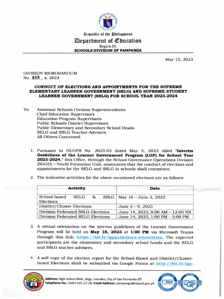Division Memorandum No. 213, s. 2023 - Conduct of Elections and Appointments for the Supreme ...