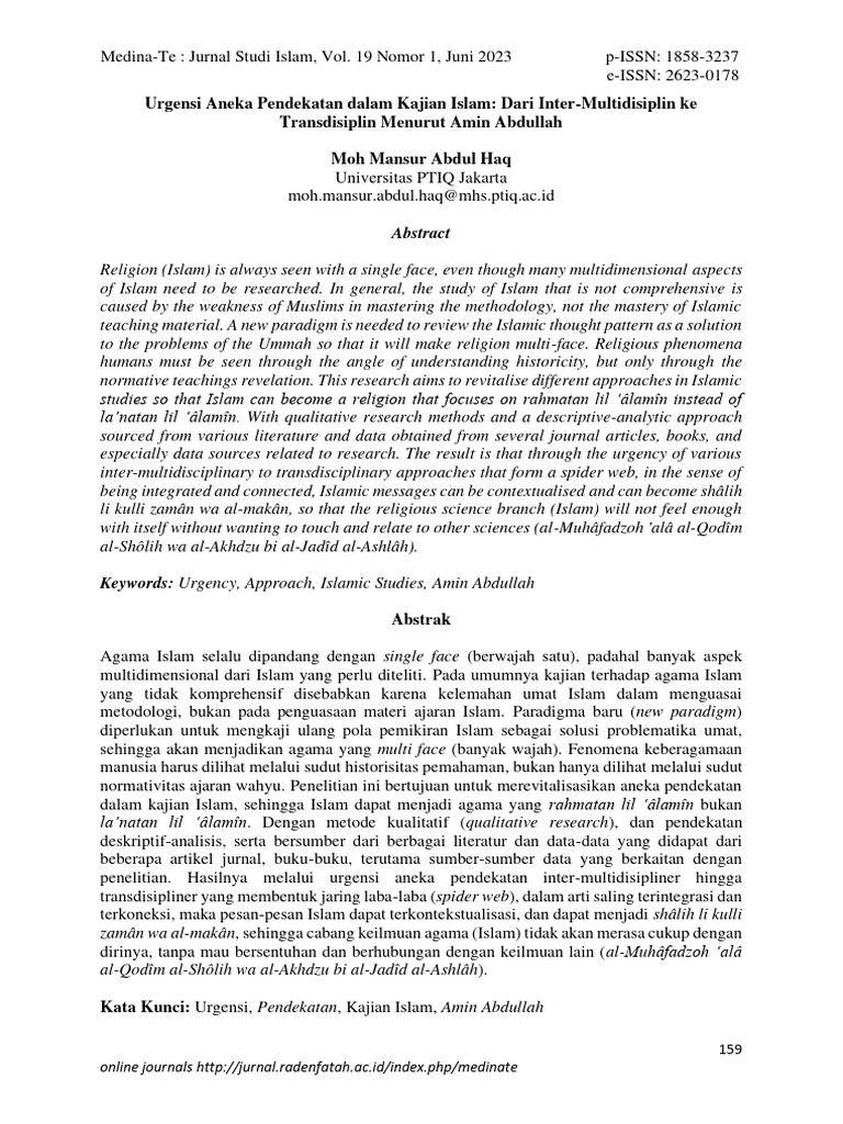 Urgensi Aneka Pendekatan Dalam Kajian Islam - Dari Inter-Multidisipliner Ke Transdisipliner ...