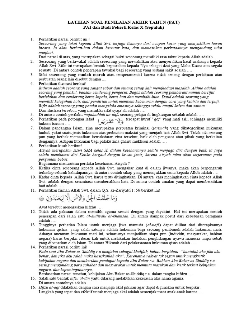 Latihan Soal PAT PAI Dan BP KELAS X 2024 | PDF | Sains & Matematika | Agama & Spiritualitas