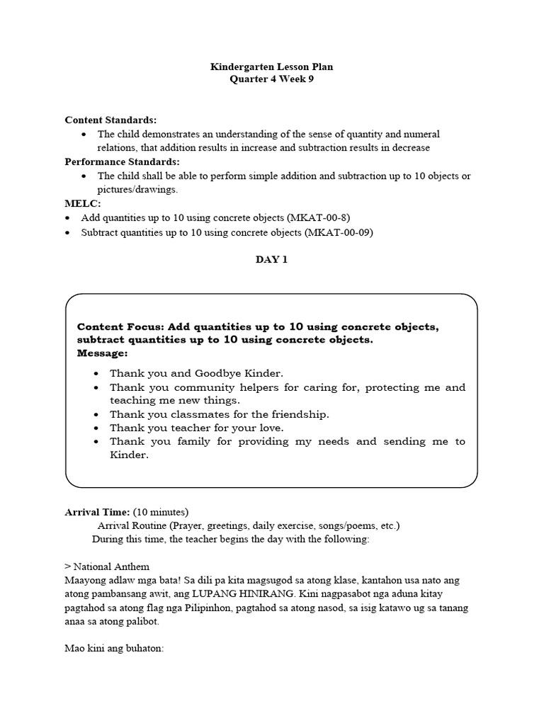 Kindergarten Lesson Plan Quarter 4 Week 9 | PDF | Language Arts ...