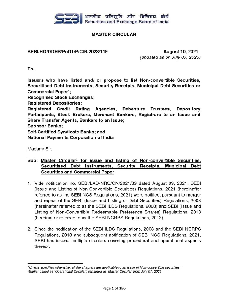 Master Circular For Issue and Listing of Non-Convertible Securities | Download Free PDF ...