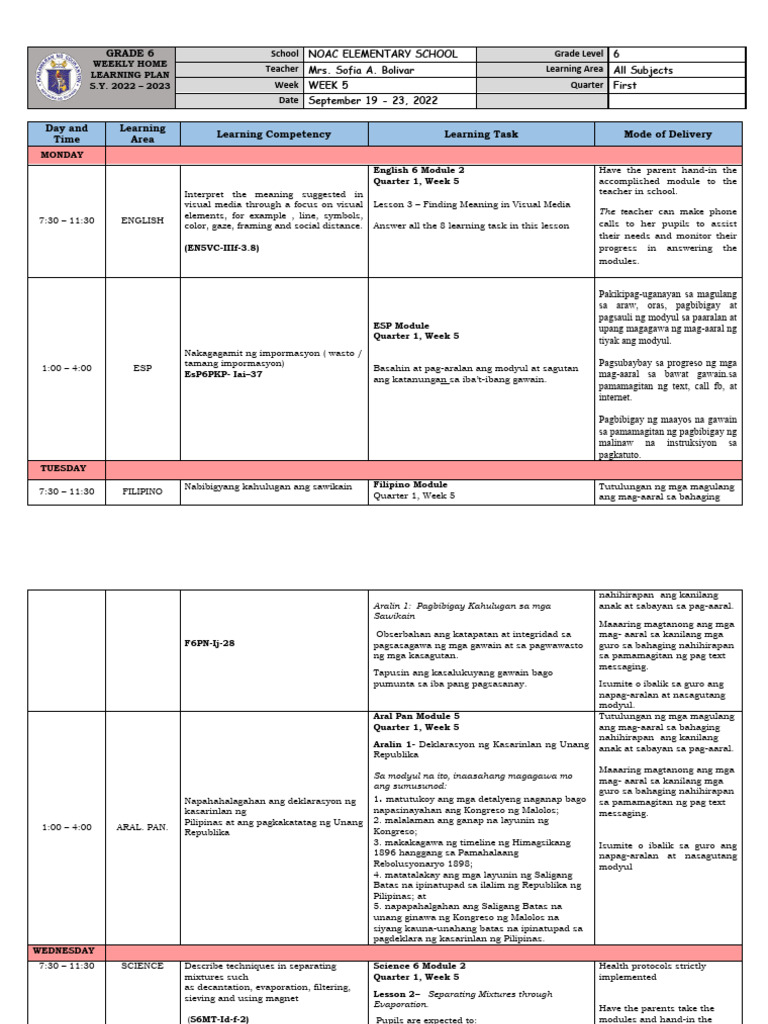 Grade 6 Weekly Learning Plan: Week 5 | PDF | Teachers