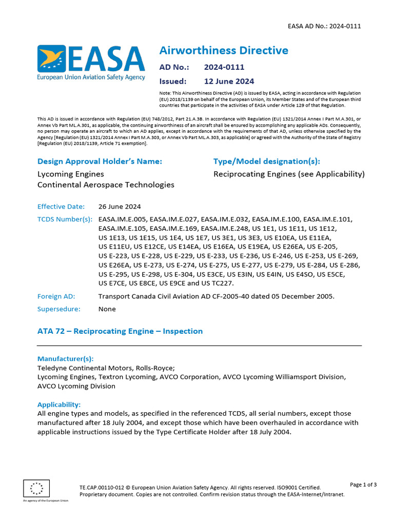 Easa Ad 2024 0111 | Download Free PDF | Aviation